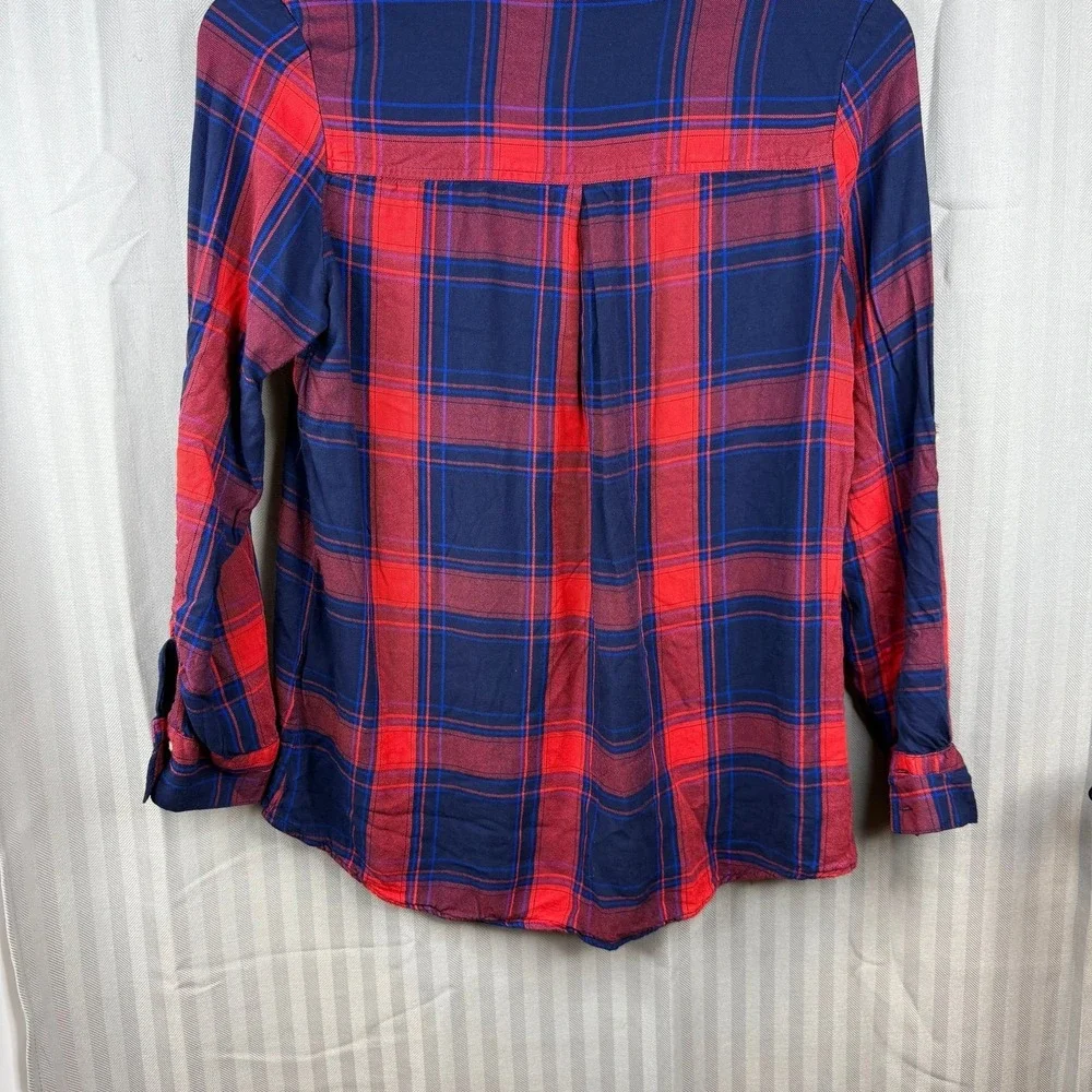 Tinsel | Tops | Tinsel Navy Red Plaid Henley Roll Tab Sleeve Flannel ...